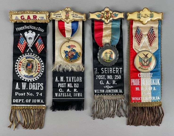 Group of Vintage GAR Iowa Post Ribbon Badges - Matthew Bullock Auctioneers