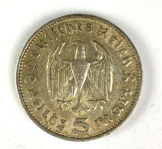 1936 WW2 German Paul von Hindenburg 5 Reichsmark 90% Silver Coin ...