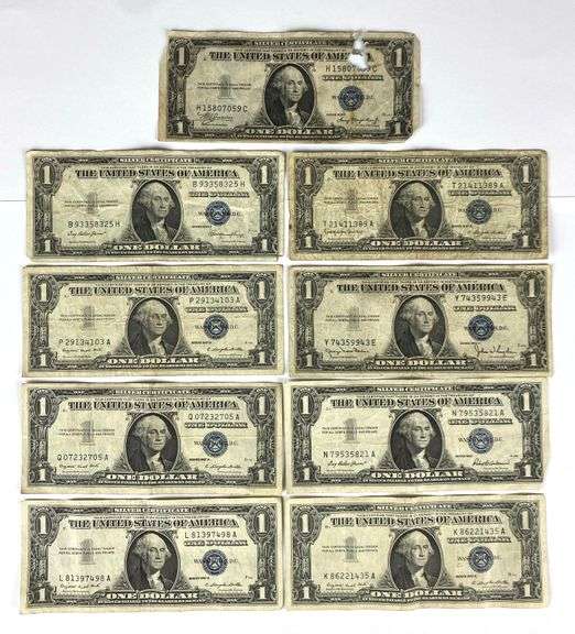 Group of 9 US $1 Silver Certificate Bank Notes - Matthew Bullock ...