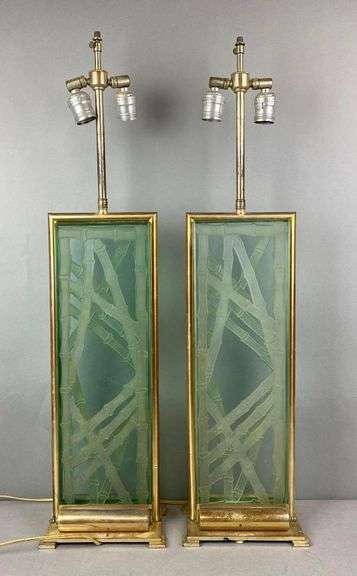 Pair of 2 James Mont Design Brass and Frosted Glass Bamboo Table Lamps ...