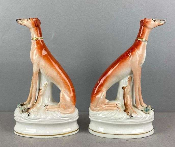 Antique Pair of Staffordshire Porcelain Whippet Dog Figurines - Matthew ...
