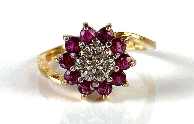 10K Gold Ruby and Diamond Flower Ring - Matthew Bullock Auctioneers
