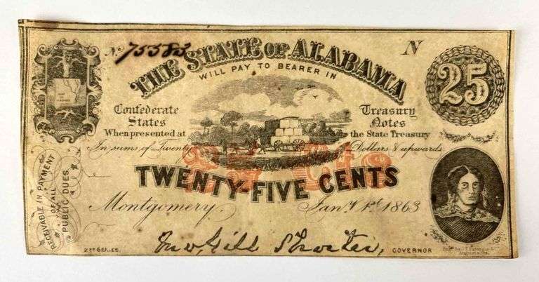 1863 The State of Alabama 25 Cent Note - Matthew Bullock Auctioneers