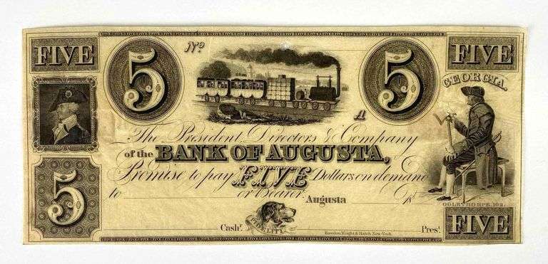 1800s Bank of Augusta Five Dollar Note - Matthew Bullock Auctioneers