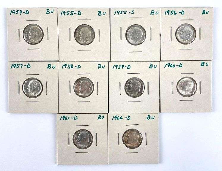Group of (10) BU 1954-1962 US Roosevelt Dimes - Matthew Bullock Auctioneers