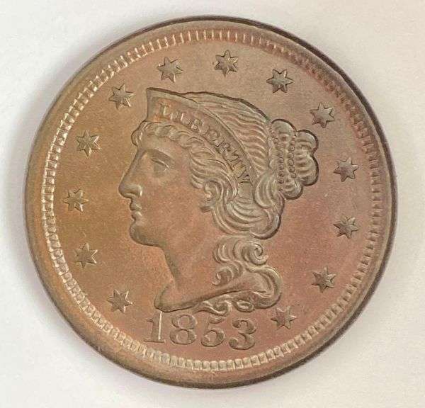1853 US Braided Hair Large One Cent Coin - Matthew Bullock Auctioneers