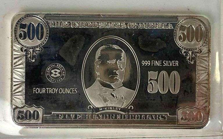 Elemetal Refining McKinley 500 Hundred Dollar 4oz. 999 Silver Bar ...