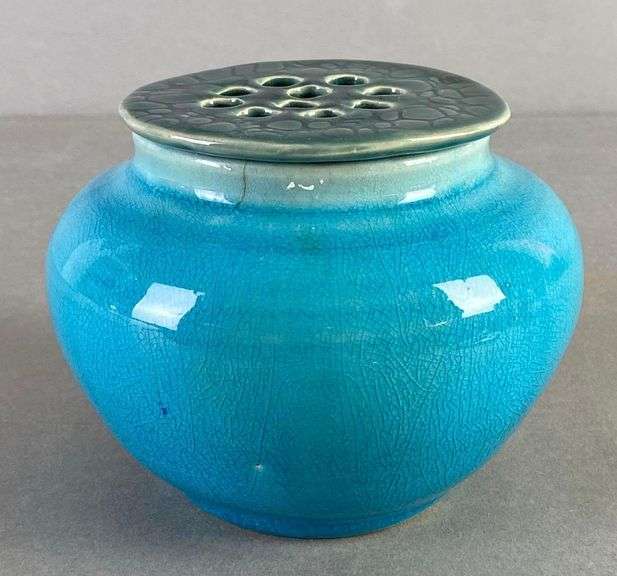 Blue Glazed Dresser Hat Pin Jar - Matthew Bullock Auctioneers