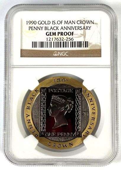 NGC 1990 Isle of Man 1 oz Gold Crown Penny Black Anniversary Gold Gem Proof Coin 1 oz Gold ...