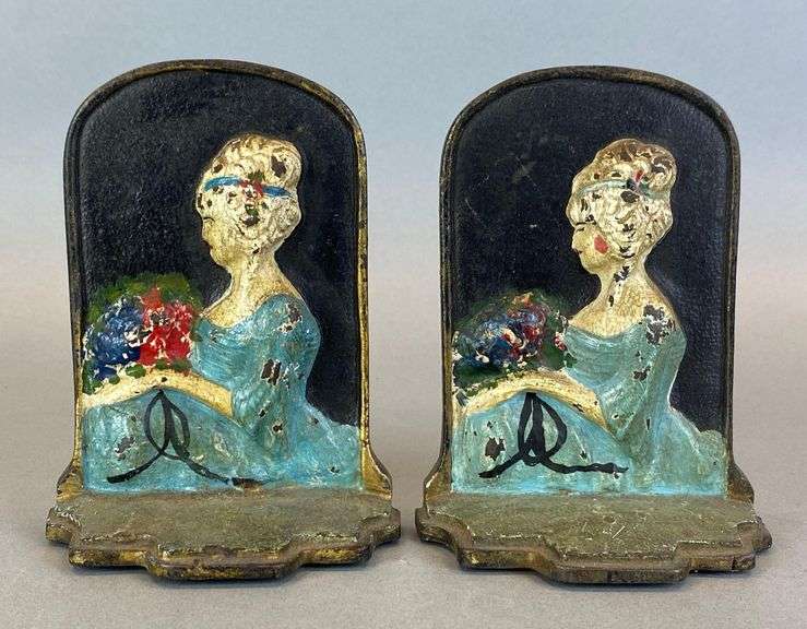 Pair of Brass Hand Painted Victorian Woman Bookends - Matthew Bullock ...