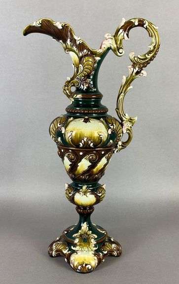 JMm Majolica Dark Green Porcelain Ewer - Matthew Bullock Auctioneers