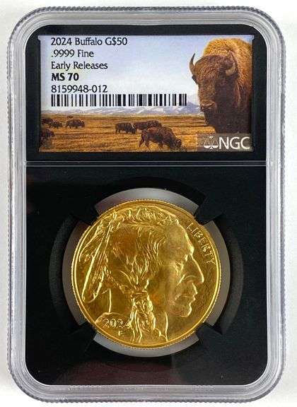 NGC Graded 2024 $50 US 1 oz .9999 Fine Gold Buffalo Gold Coin MS70 - Matthew Bullock Auctioneers