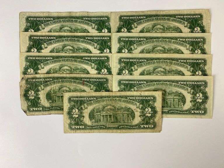 Group of (9) Red Seal 2 Dollar Bills - Matthew Bullock Auctioneers