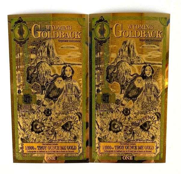 Group of 2 Wyoming Goldback Notes 1/1000th Troy Ounce 24 K Gold ...