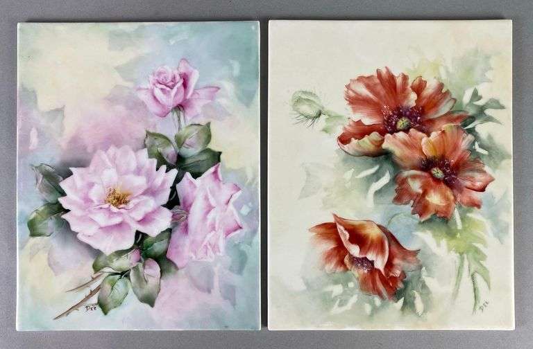 Group of 2 Dee Decker Hand-Painted Floral Porcelain Tiles - Matthew ...