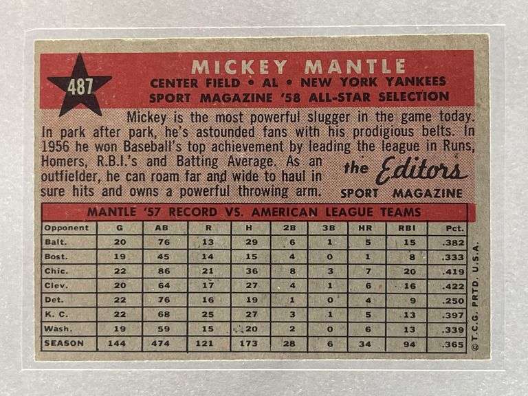 1958 Topps All-Star Mickey Mantle #487 - Matthew Bullock Auctioneers