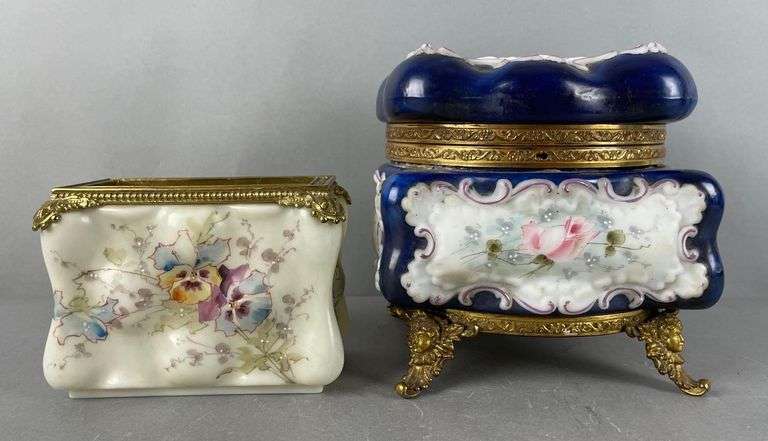 Group of 2 Antique Wavecrest Opal Glass Ornate Dresser Boxes - Matthew Bullock Auctioneers
