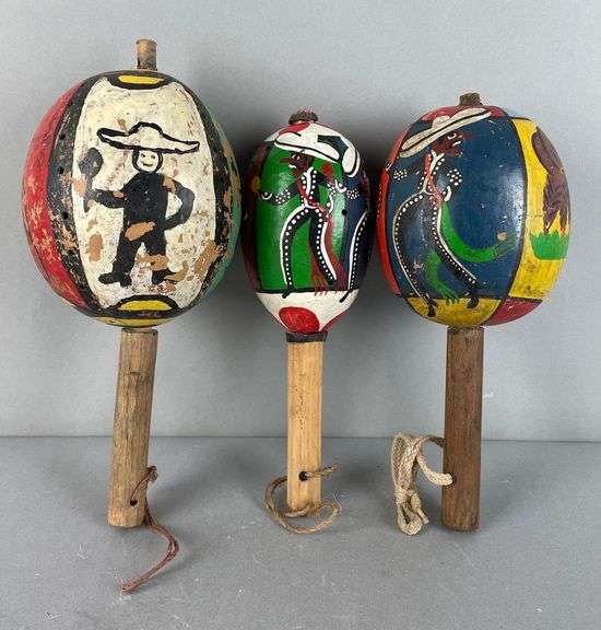 Group of 3 Mexican Hand Painted Maracas - Matthew Bullock Auctioneers