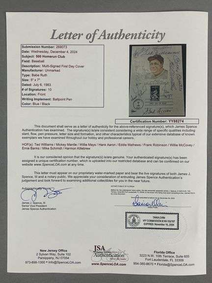 Babe Ruth Multi-Signed 1st Day Issue Gill Craft Card with 10 - 500 HR ...