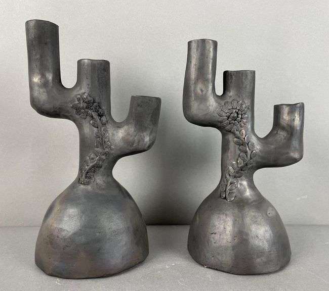 Pair of Mexican Barro Negro Floral Candelabras - Matthew Bullock ...
