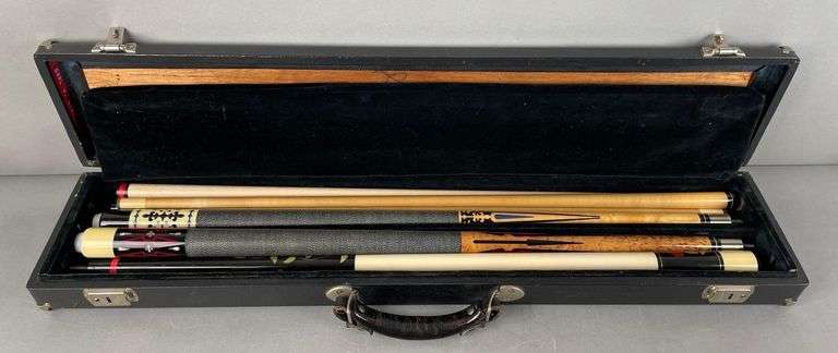 Group of 3 Pool Cues with Case - Matthew Bullock Auctioneers