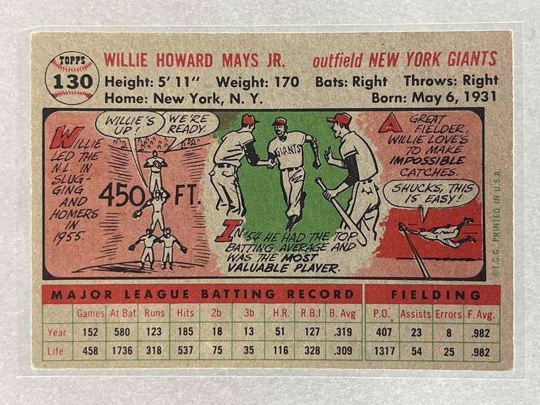 1956 Topps Willie Mays Grey Back #130 - Matthew Bullock Auctioneers
