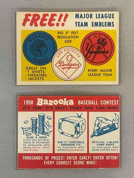 1958 Topps Bazooka Baseball Contest Cards - Matthew Bullock Auctioneers