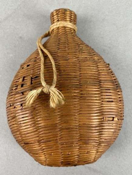 Antique Glass Teardrop Flask with Woven Wrap - Matthew Bullock Auctioneers