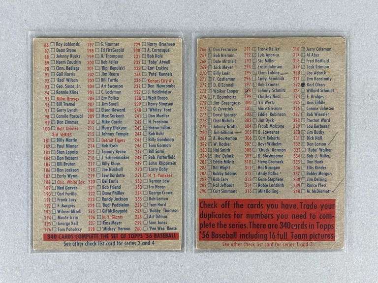 1956 Topps Baseball 1/3 and 2/4 Checklists - Matthew Bullock Auctioneers