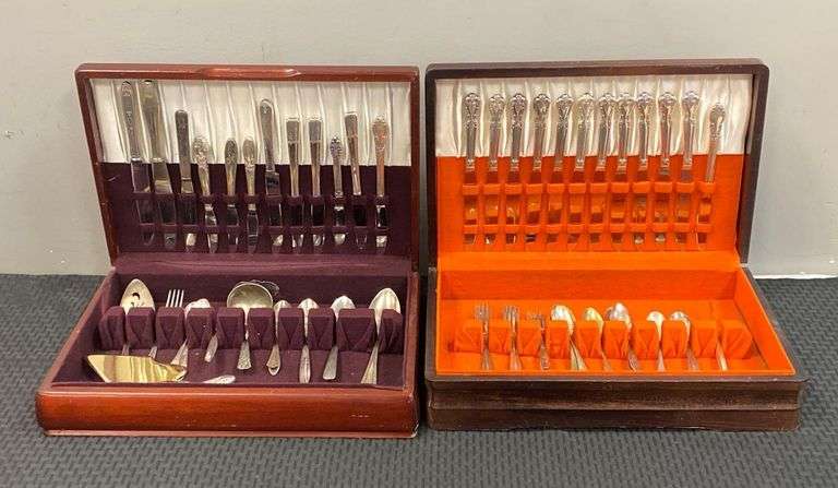 Group of 2 Wood Silverware Storage Cases with Silverplate Flatware ...