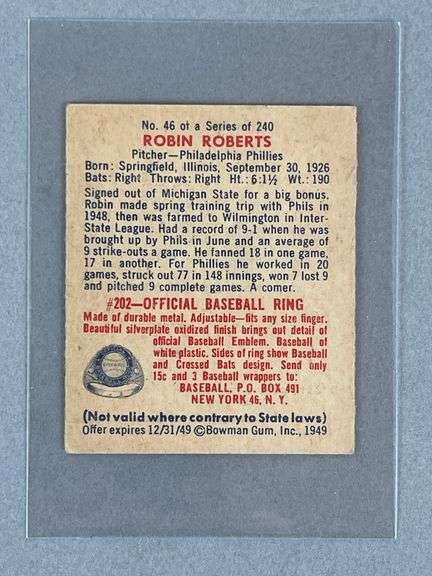 1949 Bowman Robin Roberts #46 Rookie - Matthew Bullock Auctioneers