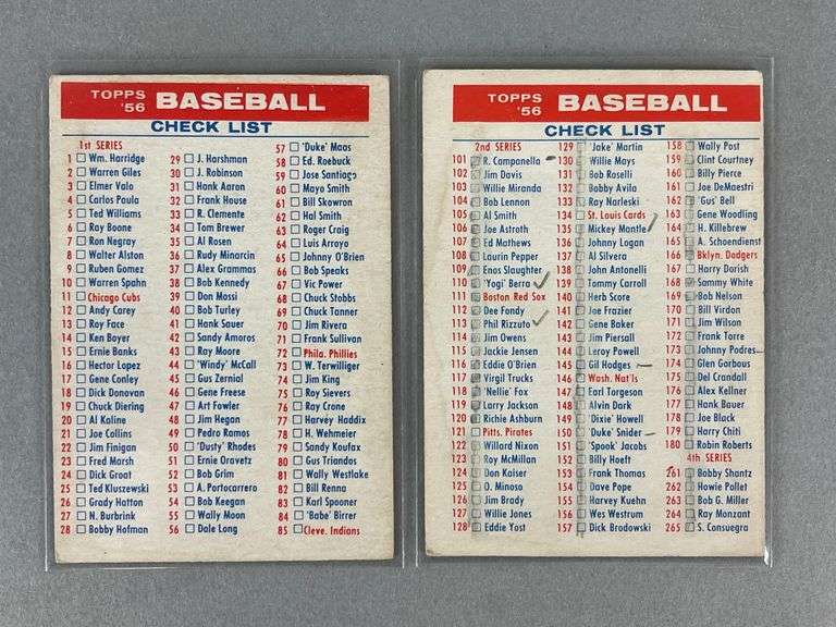1956 Topps Baseball 1/3 and 2/4 Checklists - Matthew Bullock Auctioneers