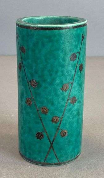 Gustavsberg Argenta Floral Silver Overlay Turquoise Glaze Pottery Vase ...