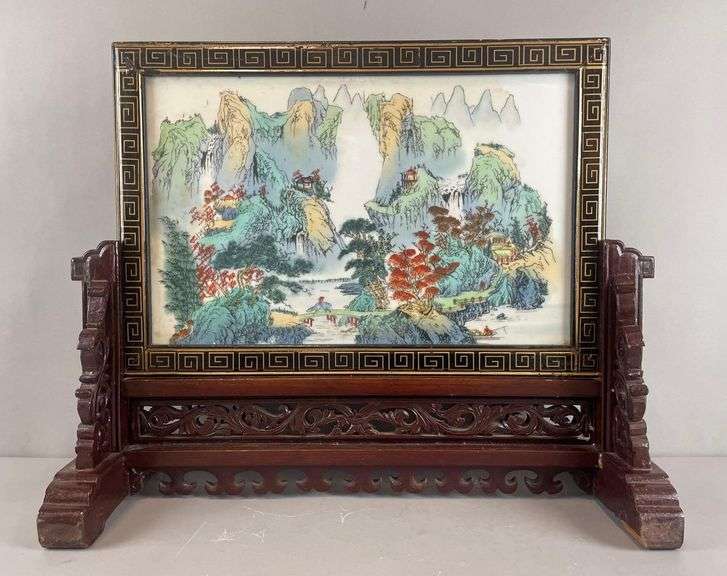 Chinese Hand-Painted Landscape Porcelain Screen with Carved Wood Stand ...