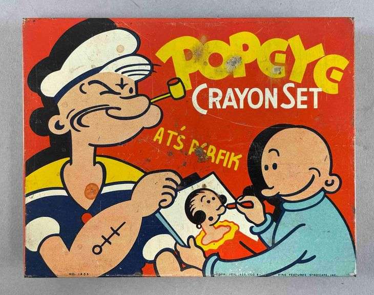 1933 Popeye Crayon Set Tin Box - Matthew Bullock Auctioneers