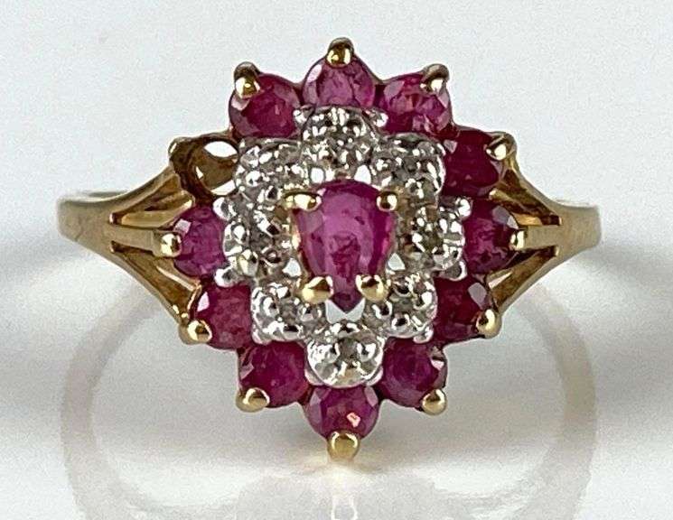 10K Gold Ruby and Diamond Cluster Ring - Matthew Bullock Auctioneers