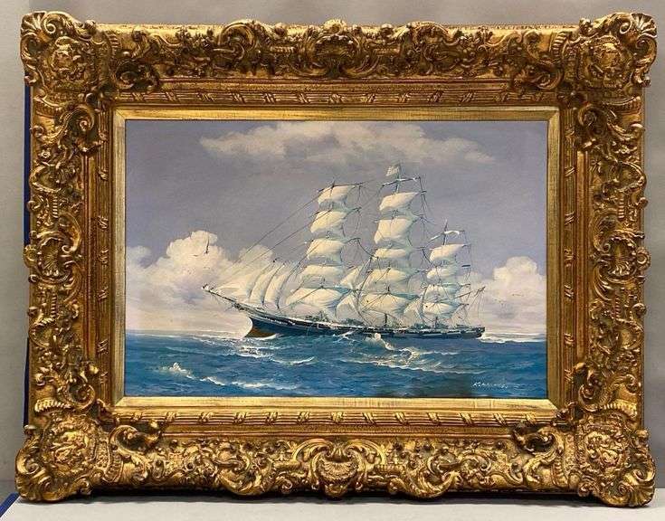 K. Haskell Three Masted Frigate Sailing Ship Oil Painting on Canvas ...