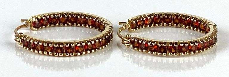 Pair of 10K Gold Garnet Hoop Earrings - Matthew Bullock Auctioneers