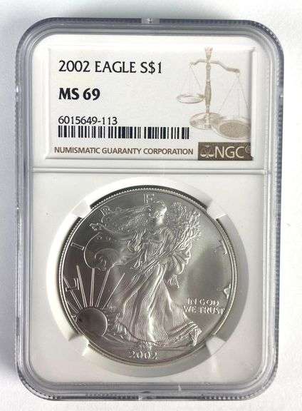 2002 US $1 Silver Eagle Coin MGC MS 69 - Matthew Bullock Auctioneers
