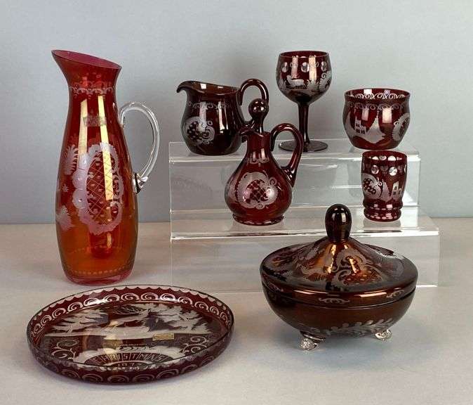 Group of Assorted Bohemian Ruby Etched To Clear Glass Items - Matthew ...