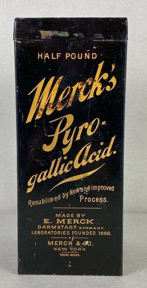 Merck and Co. Mercks Pyro-Gallic Acid Advertising Tin - Matthew Bullock ...