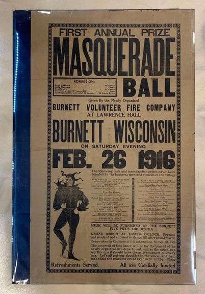 1916 Burnett Wisconsin First Annual Prize Masquerade Ball Advertising ...