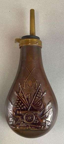 Antique Brass Black Powder Flask - Matthew Bullock Auctioneers