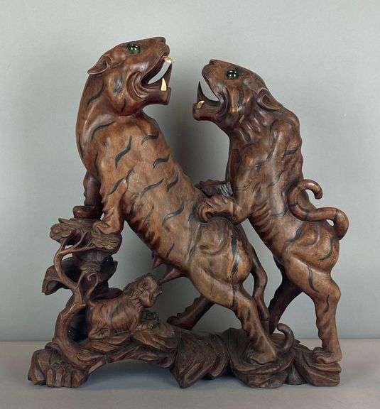 Hand Carved Wood Tiger Figurine - Matthew Bullock Auctioneers