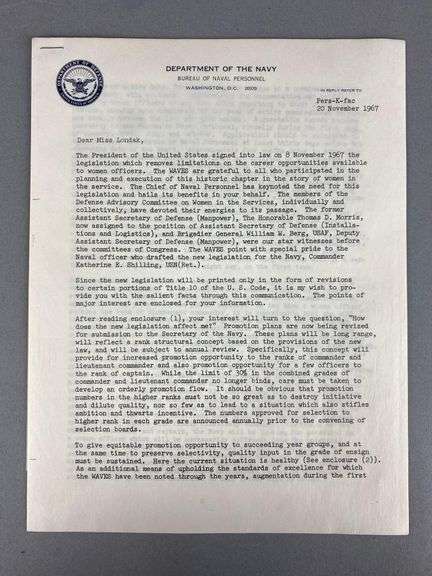 U.S. Navy Presidential Letter Removing Limits on Women Officers ...
