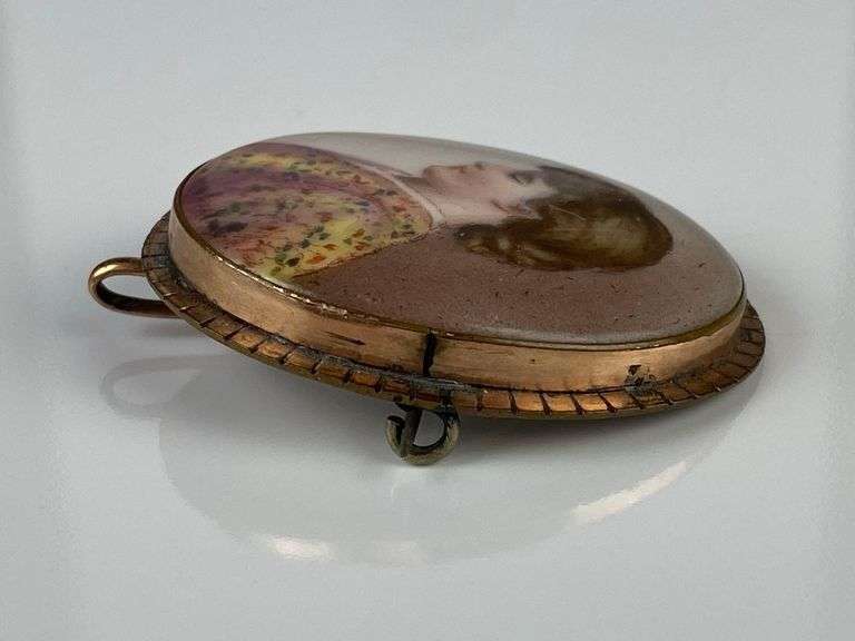Antique Painted Porcelain Portrait Brooch with Brass Bevel - Matthew ...