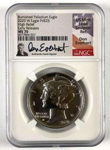 NGC Graded 2020 Signed $25 US Burnished 1 oz Palladium Eagle MS 70 - Matthew Bullock Auctioneers