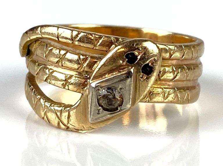 10K Gold White Topaz and Onyx Coiled Snake Ring - Matthew Bullock ...