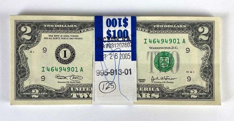 Group of 50 2003 US Mint $2 Consecutive Serial Numbered Bills - Matthew ...