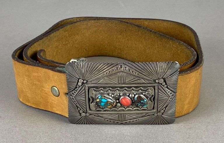 Sterling Silver Turquoise and Coral Native American Style Belt Buckle ...